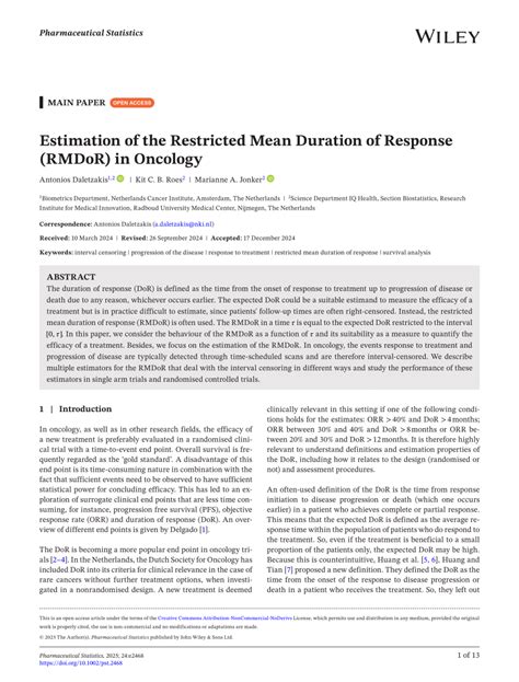 Pdf Estimation Of The Restricted Mean Duration Of Response Rmdor In Oncology