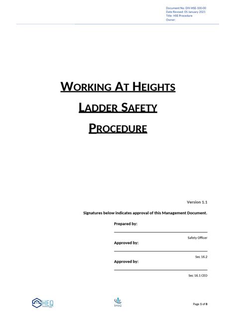 Procedure Working At Heights Ladder Safety 2021 Pdf