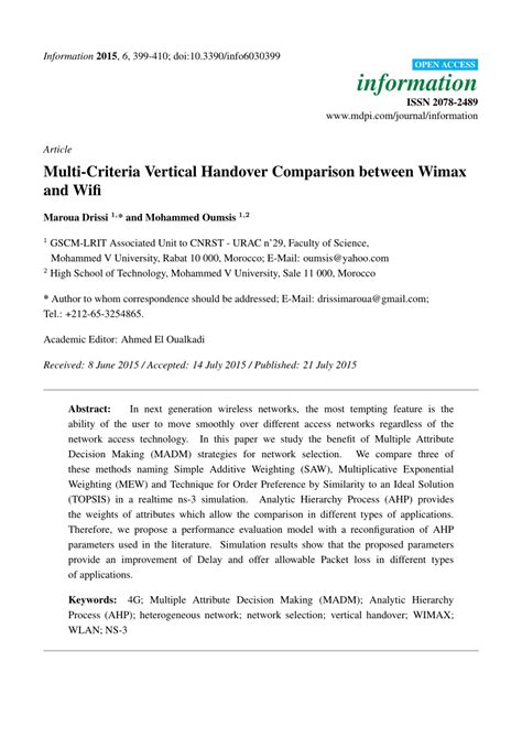 Pdf Multi Criteria Vertical Handover Comparison Between Wimax And Wifi