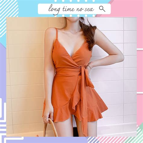 ชุดว่ายน้ำวันพีชกระโปรงสีส้ม กระโปรงกางเกง ไม่โป๊ ผูกโบว์ที่เอว สายปรับได้ รุ่น Bow One Piece