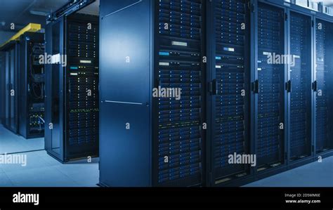 Shot Of Modern Data Center With Multiple Rows Of Operational Server