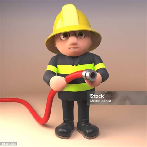 높은 가시성 의류를 입고 소방 호스 3d 그림을 들고 3d에서 용감한 소방관 소방관 캐릭터 소방관에 대한 스톡 사진 및 기타 이미지 Istock