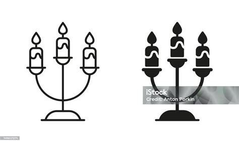 불타는 촛불 라인과 실루엣 블랙 아이콘 세트가 있는 촛대 할로윈 픽토그램 장식 종교 크리스마스 하누카를 위한 불꽃이 있는 촛대 격리된 벡터 그림 공포 무서움에 대한 스톡