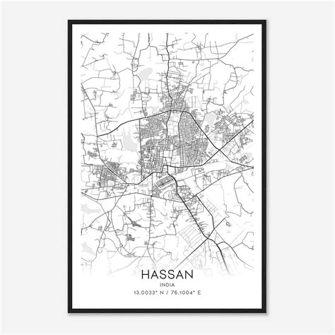 Hassan India Map Poster Hassan City Road Wall Art Print Custom Maps