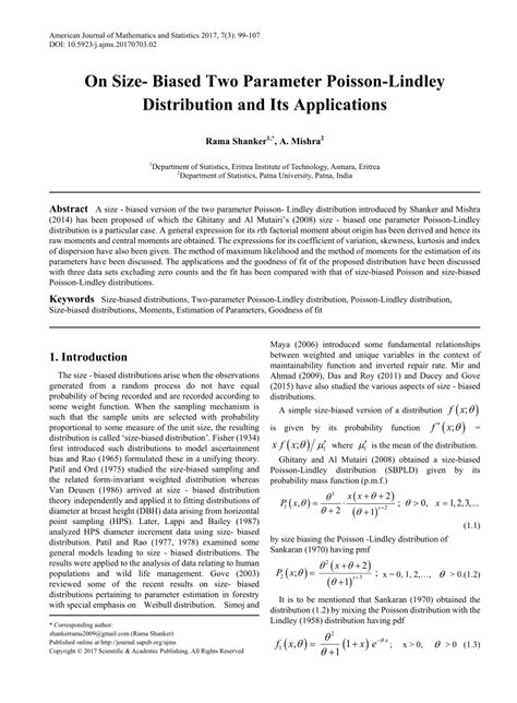 Pdf On Size Biased Two Parameter Poisson Lindley Distribution And Its Applications