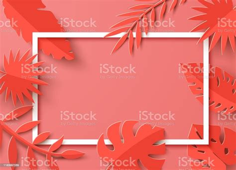 열대 붉은 잎의 배경에 흰색 종이 절단 프레임입니다 이국적인 인사말 카드 배너 텍스트 장소와 여름 파티 초대 템플릿 벡터 카드