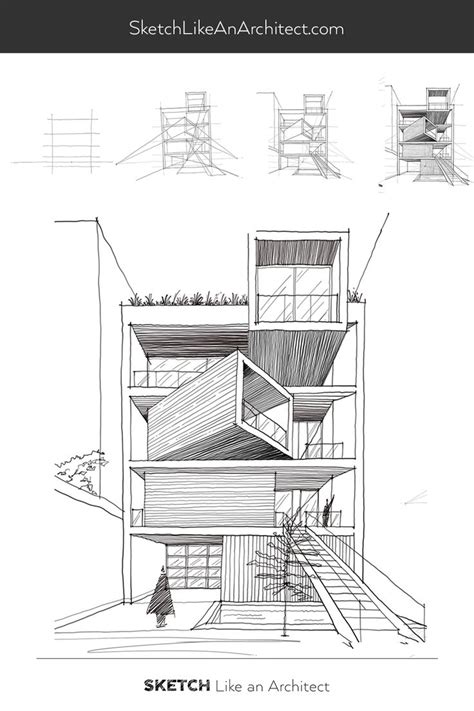 An Architectural Drawing Of A House With Stairs And Balconies On The