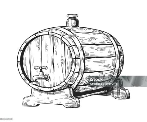 손으로 그린 나무 통과 맥주를 마시고 있습니다 수도꼭지와 플러그라운드 통 술집과 양조장 또는 와이너리용 액체 저장 참나무에서 전통적인 용기 복고풍 스케치 벡터 상세 일러스트