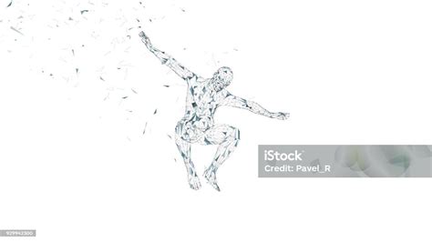 점프에 개념적 추상 남자입니다 연결 선 점 삼각형 흰색 절연 입자 인공 지능 개념입니다 첨단 기술 벡터 디지털 배경입니다 3d 렌더링 벡터 일러스트 레이 션 남자에 대한