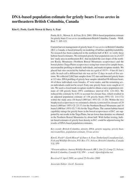 Pdf Dna Based Population Estimate For Grizzly Bears Ursus Arctos In Northeastern British