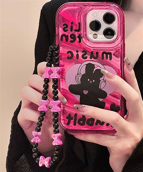Music 헤드셋토끼 아이폰케이스 아이폰15 아이폰14 아이폰12 스트랩케이스 래빗 젤리케이스 핑크 레드 홀로그램 실리콘 범퍼케이스 물결케이스 에이블리