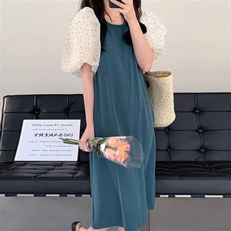 벌룬 도트 땡땡이 패턴 포인트 시스루 레이스 퍼프 소매 배색 심플 셔링 루즈핏 A라인 롱 원피스 블루 블랙