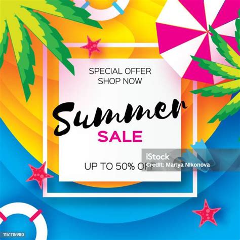 여름 세일 템플릿 배너입니다 비치 레스트 여름 방학 화려한 해변 요소에 상위 뷰 텍스트 공간이 있는 정사각형 프레임 종이 아트 스타일입니다 벡터 계절에 대한 스톡 벡터 아트
