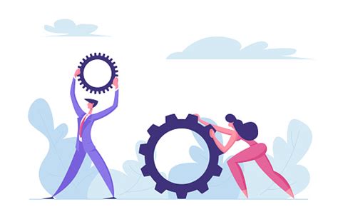 기어와 비즈니스 문자입니다 사업가와 아이콘과 기어 기어를 들고 사업가 팀워크 개발 유지 보수 개념입니다 벡터 만화 일러스트 레이 션 동업에 대한 스톡 벡터 아트 및 기타
