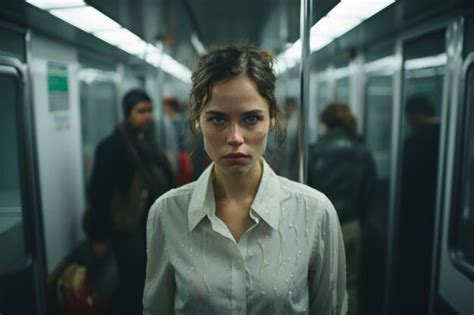 Premium Ai Image A Woman Standing In A Subway Car With Other People In The Background