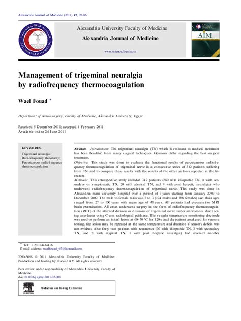 Pdf Management Of Trigeminal Neuralgia By Radiofrequency Thermocoagulation