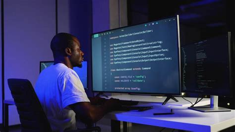 A Dedicated African American Software Developer Writes And Debugs Code On Multiple Screens In A