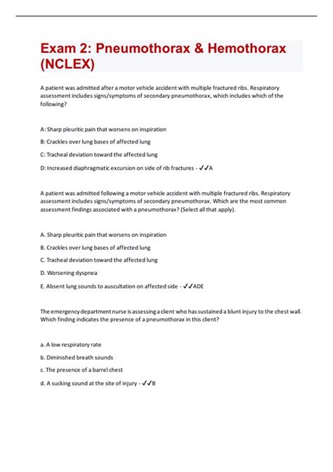 Exam 2 Pneumothorax And Hemothorax Nclex Questions And Answers With Complete Solution
