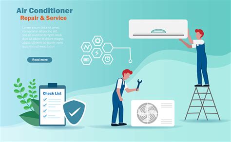 에어컨 수리 및 설치 서비스 개념 기술자 고정 및 주축 에어컨 및 압축기 에어컨에 대한 스톡 벡터 아트 및 기타 이미지 에어컨 설치 팀워크 Istock
