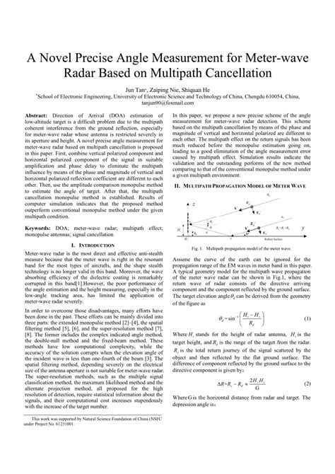 PDF A Novel Precise Angle Measurement For Meter Wave Radar Based On Multipath Cancellation