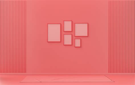 벽에 5 프레임 포스터 쇼케이스를위한 플랫 컬러 인테리어 룸 흑백 라이트 핑크 가구와 빈 방없이 분홍빛이 도는 오렌지 색 갤러리 벽 3d 렌더링 3차원 형태에 대한 스톡