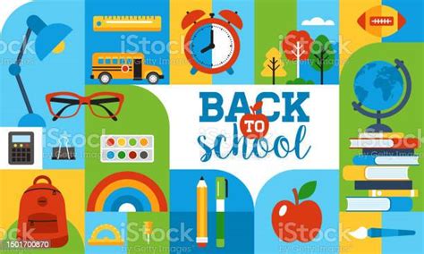 학교로 돌아가기 최소한의 기하학적 배너 디자인 카드 포스터 및 초대장 인쇄 개념에 대한 스톡 벡터 아트 및 기타 이미지 개념 개체 그룹 교육 Istock