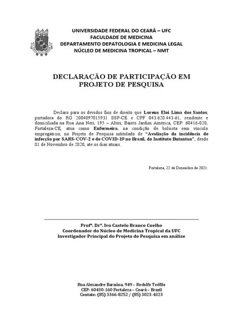 Declaração De Participação Em Pesquisa Pdf