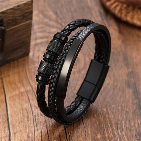 Jual Gelang Titanium Pria Hitam Klasik Premium Dengan Kombinasi Kulit Asli Bracelet Aksesori