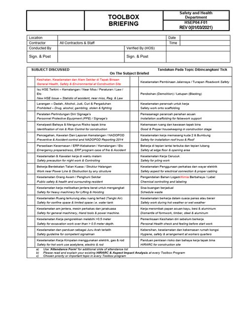 Hsep04 F01 Toolbox Briefing Rev01 2019 Pdf Occupational Safety