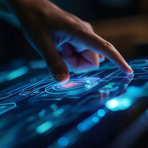 Close Up Of A Person S Hand Using A Futuristic Touchscreen Interface Stock Illustration