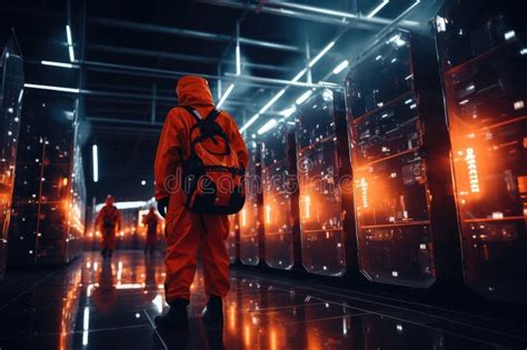 Shot Of Man Walking Data Center Database Data Storage Backup Cyber Security And Futuristic