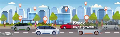 차량 위치에 핀이 있는 자동차 온라인 주문 택시 자동차 공유 개념 이동 교통 카 공유 서비스 현대 도시 거리 도시 풍경 배경 평면 수평 배너 승용차 함께 타기에 대한 스톡