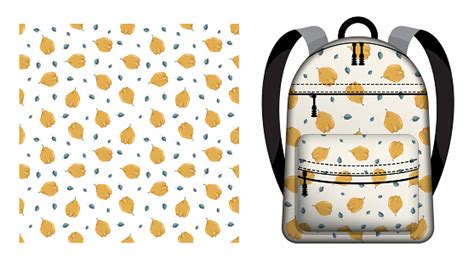 어린이 학교 배낭은 마르멜로 과일 전체와 잎으로 이음매 없는 패턴을 장식했습니다 이국적인 과일 파티 포스터 디자인 및 직물