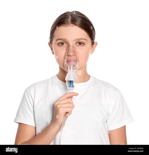 Cute Girl Using Nebulizer For Inhalation On White Background Stock