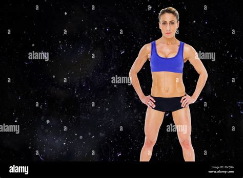 Composite Image Of Strong Blonde Posing With Hands On Hips Looking At