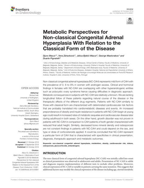 Pdf Metabolic Perspectives For Non Classical Congenital Adrenal Hyperplasia With Relation To