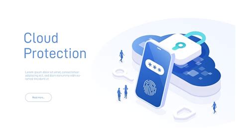 클라우드 보호 개념입니다 온라인 장치 업로드 다운로드 정보 클라우드 컴퓨팅 클라우드 서비스의 데이터베이스에 있는 데이터입니다 웹 페이지의 최신 3d 아이소메트릭 벡터