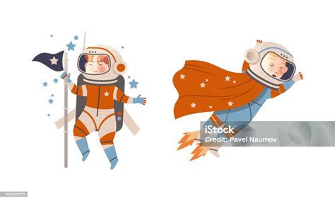 우주에서 제트 팩으로 비행하는 우주복을 입은 소년들 우주 비행사가되기를 꿈꾸는 귀여운 아이들 벡터 일러스트 레이 션 과학에 대한