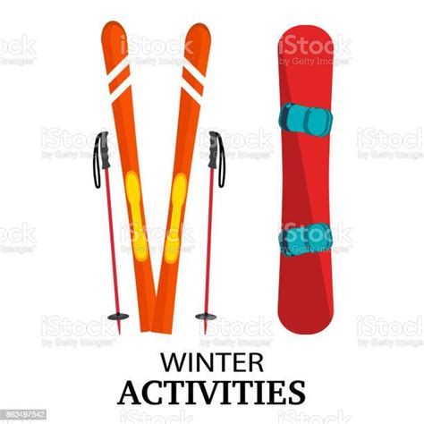 스키 기둥 스노우 보드 평면 벡터 일러스트 레이 션 흰색 배경에 고립 겨울 활동 개념 다채로운 아이콘 전면 보기입니다 스키 장비 스노우 보드 그림입니다 스키에 대한 스톡