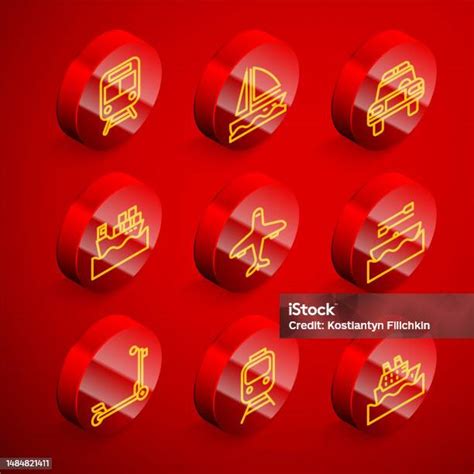 기차와 철도 요트 범선 경찰차 점멸 장치 상자 비행기 보트 노 스쿠터 및 아이콘이있는 화물선을 설정하십시오 벡터 3차원 형태에