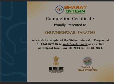 Bhuvneshwari Sarathe On Linkedin Webdeveloppment Internshiexperience Bharatintern Gratitude