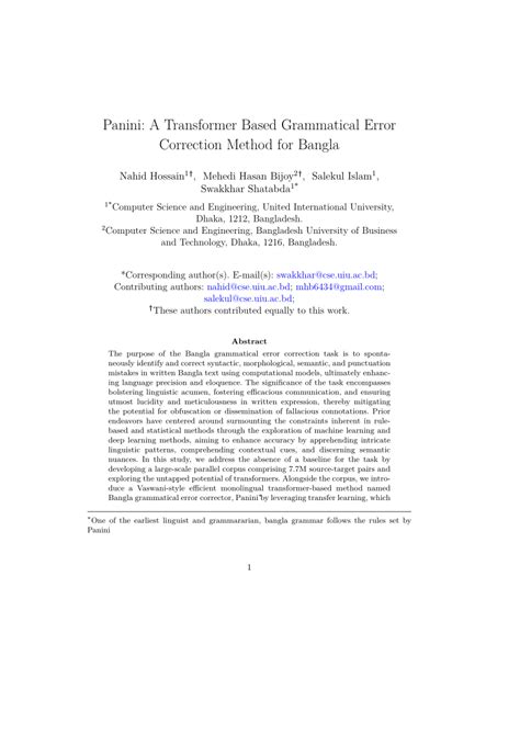 Pdf Panini A Transformer Based Grammatical Error Correction Method For Bangla
