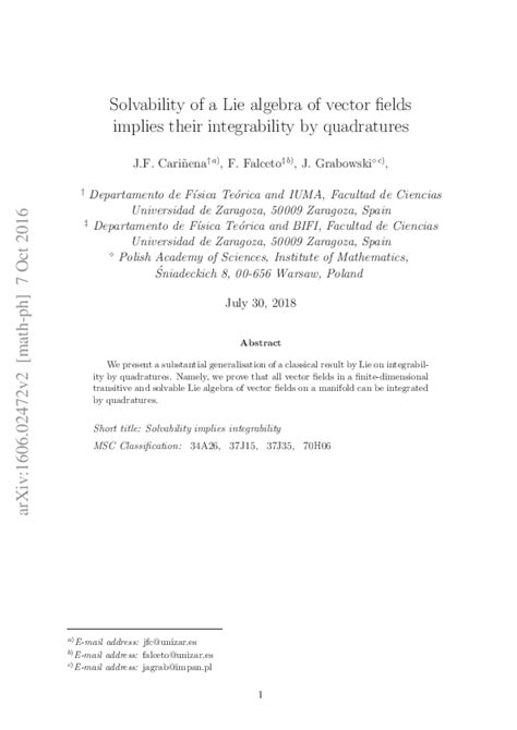 Pdf Solvability Of A Lie Algebra Of Vector Fields Implies Their