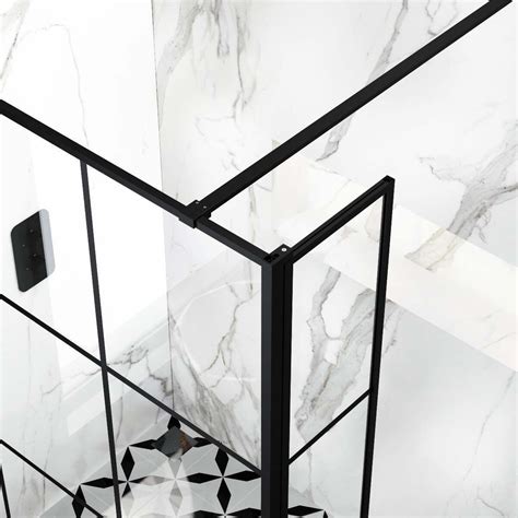 Munich Matt Black Grid 8mm Wet Room Shower Glass 900mm And 250mm Pivotal