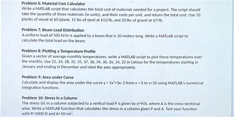 Solved Problem 6 Material Cost Calculatorwrite A Matlab
