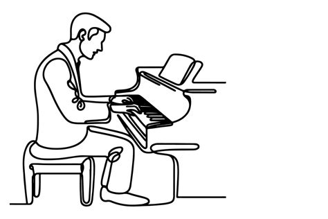 Continuous One Line Drawing Man Playing A Grand Piano Outline Sketch