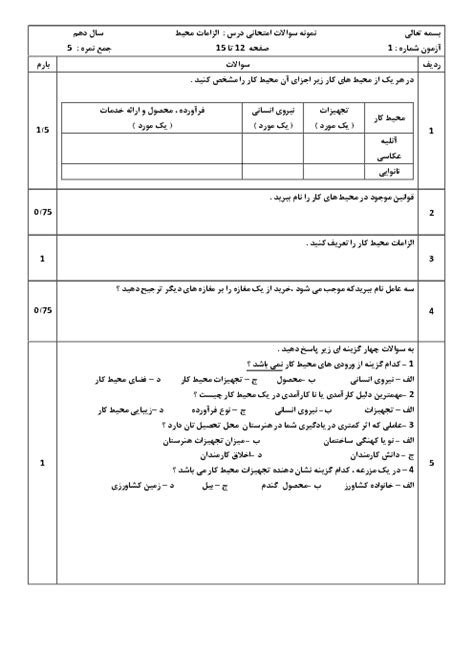 مجموعه سوالات صفحه به صفحه درس الزامات محیط کار دهم فصل 1 تا 3 گاما