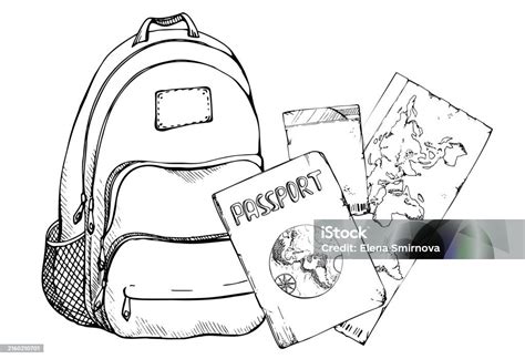 오래된 가죽 빈티지 배낭 가방 여권 신분증 티켓 쿠폰 허가증 벡터 잉크 손으로 그린 복고풍 스타일 그림입니다 관광 여행 브로셔 결혼식 가이드 인쇄 카드 문신을위한 디자인