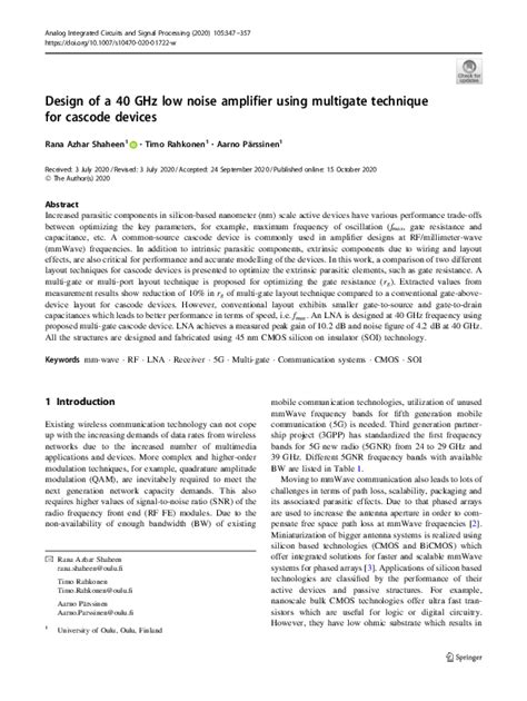 Pdf Design Of A 40 Ghz Low Noise Amplifier Using Multigate Technique For Cascode Devices