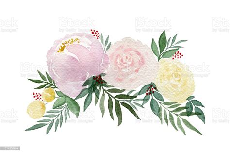 보라색 핑크와 옐로우 파스텔 색상의 장미와 모란 꽃 흰색에 고립 된 봄 꽃 다발수 수채화 꽃꽂이 0명에 대한 스톡 벡터 아트 및